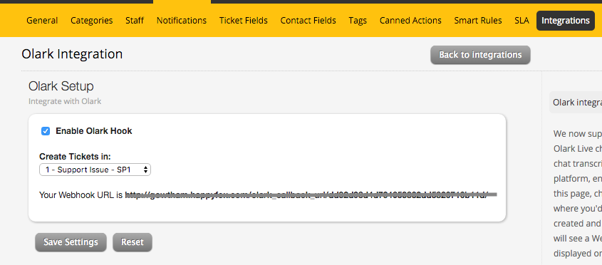 Enable integration with Olark - HappyFox Support